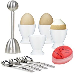 elegant egg cups & cracker set | set of 4 ceramic egg holders + 4 ss spoons + 1 egg topper-vibration tool opener for hard & soft boiled egg, multipurpose mini dishes- with bonus! beautiful storage box