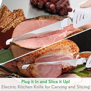 NutriChef Electric Carving Slicer Kitchen Knife - Portable Electrical Food Cutter Knife Set with Bread and Carving Blades, Wood Stand, For Meat, Turkey, Bread, Cheese, Vegetable, Fruit PKELKN16