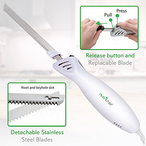 NutriChef Electric Carving Slicer Kitchen Knife - Portable Electrical Food Cutter Knife Set with Bread and Carving Blades, Wood Stand, For Meat, Turkey, Bread, Cheese, Vegetable, Fruit PKELKN16