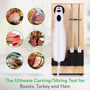 NutriChef Electric Carving Slicer Kitchen Knife - Portable Electrical Food Cutter Knife Set with Bread and Carving Blades, Wood Stand, For Meat, Turkey, Bread, Cheese, Vegetable, Fruit PKELKN16