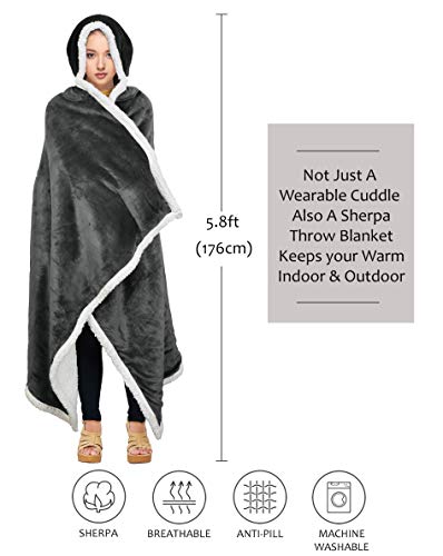 Tirrinia Sherpa Hooded Blanket Wearable Cuddle Throw Warm Cozy Sherpa Lining 47’x73’/ Sherpa Throw Blanket/