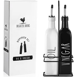 brighter barns farmhouse oil and vinegar dispenser set black & white olive oil dispenser bottle with caddy holder & stainless steel spout - cute modern vintage glass cruet for kitchen -500ml 17oz