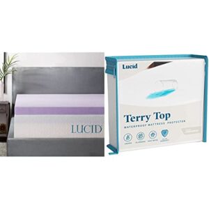 lucid 3 inch lavender infused memory foam mattress topper - ventilated design - full size & premium hypoallergenic 100% waterproof mattress protector - universal fit, cotton terry top, full