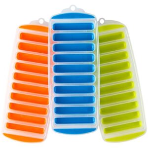 lily's home silicone narrow ice stick cube trays with easy push and pop out material, ideal for sports and water bottles, assorted bright colors (11" x 4 1/2" x 1", set of 3)