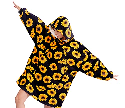 vavalad Sunflower Wearable Blanket Sweatshirt Sherpa Oversized Hoodie TV-Blanket with Sleeves and Pockets for Adults Men Women Teens One Size Fits All