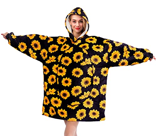 vavalad Sunflower Wearable Blanket Sweatshirt Sherpa Oversized Hoodie TV-Blanket with Sleeves and Pockets for Adults Men Women Teens One Size Fits All