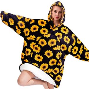 vavalad Sunflower Wearable Blanket Sweatshirt Sherpa Oversized Hoodie TV-Blanket with Sleeves and Pockets for Adults Men Women Teens One Size Fits All