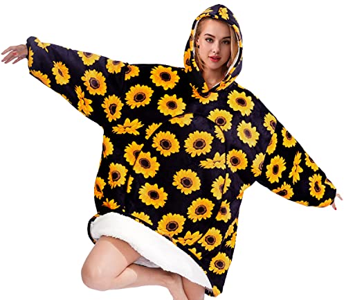 vavalad Sunflower Wearable Blanket Sweatshirt Sherpa Oversized Hoodie TV-Blanket with Sleeves and Pockets for Adults Men Women Teens One Size Fits All