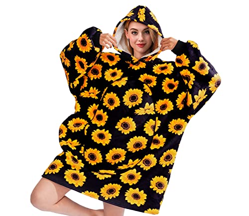 vavalad Sunflower Wearable Blanket Sweatshirt Sherpa Oversized Hoodie TV-Blanket with Sleeves and Pockets for Adults Men Women Teens One Size Fits All