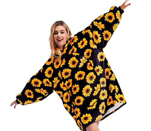 vavalad Sunflower Wearable Blanket Sweatshirt Sherpa Oversized Hoodie TV-Blanket with Sleeves and Pockets for Adults Men Women Teens One Size Fits All