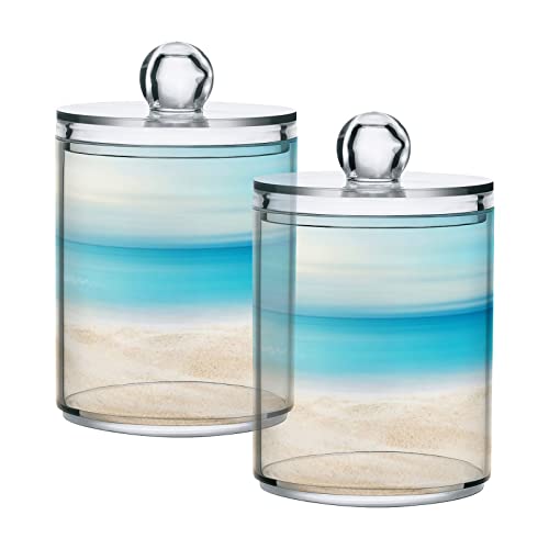 xigua 2 Pack Summer Beach Pattern Apothecary Jars with Lid, Qtip Holder Storage Containers for Cotton Ball, Swabs, Pads, Clear Plastic Canisters for Bathroom Vanity Organization (10 Oz)