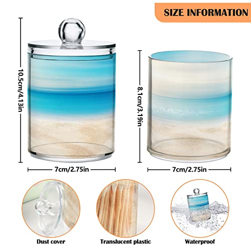 xigua 2 Pack Summer Beach Pattern Apothecary Jars with Lid, Qtip Holder Storage Containers for Cotton Ball, Swabs, Pads, Clear Plastic Canisters for Bathroom Vanity Organization (10 Oz)