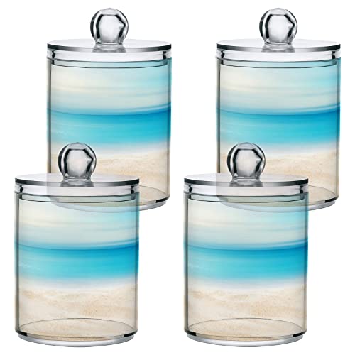 xigua 2 Pack Summer Beach Pattern Apothecary Jars with Lid, Qtip Holder Storage Containers for Cotton Ball, Swabs, Pads, Clear Plastic Canisters for Bathroom Vanity Organization (10 Oz)