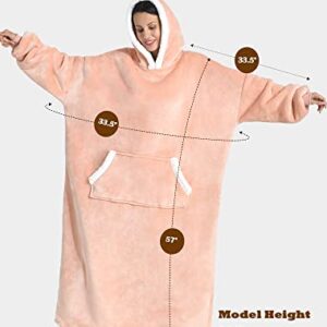 Jugbey Oversized Lengthened Wearable Blanket Hoodie for Women Men,Cozy Fuzzy Sherpa & Fleece Hooded Blankets,Big Blanket Sweatshirt with Sleeves & Giant Pocket Pink