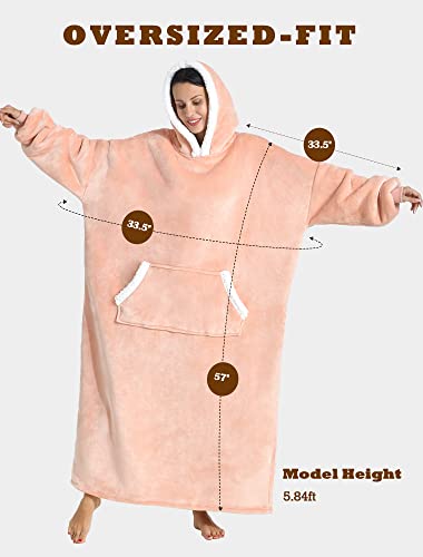 Jugbey Oversized Lengthened Wearable Blanket Hoodie for Women Men,Cozy Fuzzy Sherpa & Fleece Hooded Blankets,Big Blanket Sweatshirt with Sleeves & Giant Pocket Pink