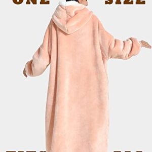 Jugbey Oversized Lengthened Wearable Blanket Hoodie for Women Men,Cozy Fuzzy Sherpa & Fleece Hooded Blankets,Big Blanket Sweatshirt with Sleeves & Giant Pocket Pink