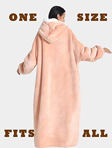 Jugbey Oversized Lengthened Wearable Blanket Hoodie for Women Men,Cozy Fuzzy Sherpa & Fleece Hooded Blankets,Big Blanket Sweatshirt with Sleeves & Giant Pocket Pink