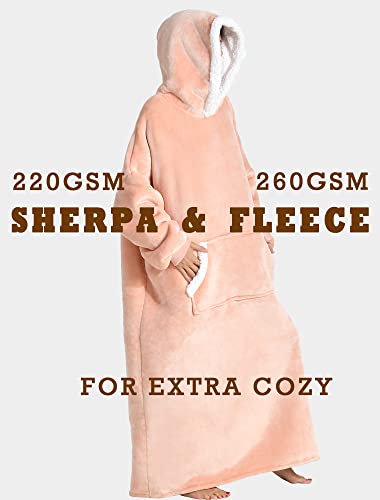 Jugbey Oversized Lengthened Wearable Blanket Hoodie for Women Men,Cozy Fuzzy Sherpa & Fleece Hooded Blankets,Big Blanket Sweatshirt with Sleeves & Giant Pocket Pink