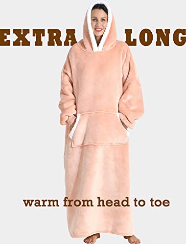 Jugbey Oversized Lengthened Wearable Blanket Hoodie for Women Men,Cozy Fuzzy Sherpa & Fleece Hooded Blankets,Big Blanket Sweatshirt with Sleeves & Giant Pocket Pink