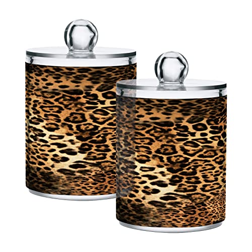 Kigai Beautiful Leopard Print Qtip Holder Dispenser with Lids 2PCS -Bathroom Storage Organizer Set, Clear Apothecary Jars Food Storage Containers, for Tea, Coffee, Cotton Ball, Floss