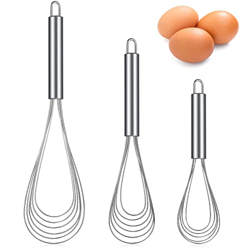 3 Pieces Stainless Steel Kitchen Flat Whisk Set 8 Inch, 10 Inch and 11.6 Inch Stainless Steel Flat Wire Egg Utensils Whisk 6 Wires Egg Mixing Whisk for Cooking Blending Whisking Beating Stirring