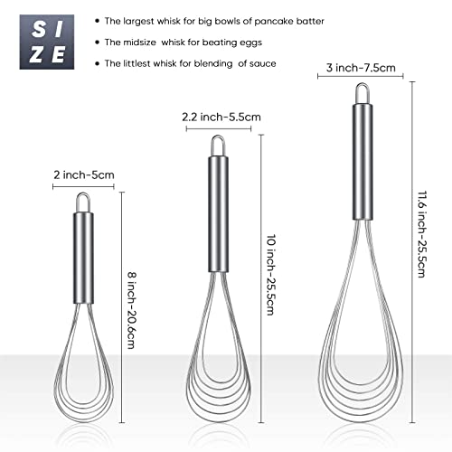 3 Pieces Stainless Steel Kitchen Flat Whisk Set 8 Inch, 10 Inch and 11.6 Inch Stainless Steel Flat Wire Egg Utensils Whisk 6 Wires Egg Mixing Whisk for Cooking Blending Whisking Beating Stirring