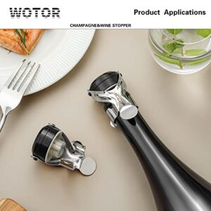 WOTOR Champagne&Wine Bottle Stoppers Stainless Steel with Food Grade Silicone, Leak Proof Keep Fresh Reusable Saver, Cork Suitable for Wine, Champagne, Cava, Prosecco and Sparkling (2 Pack Silver）