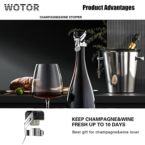 WOTOR Champagne&Wine Bottle Stoppers Stainless Steel with Food Grade Silicone, Leak Proof Keep Fresh Reusable Saver, Cork Suitable for Wine, Champagne, Cava, Prosecco and Sparkling (2 Pack Silver）