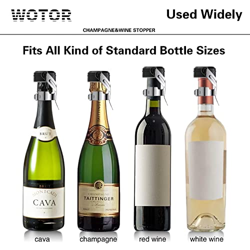 WOTOR Champagne&Wine Bottle Stoppers Stainless Steel with Food Grade Silicone, Leak Proof Keep Fresh Reusable Saver, Cork Suitable for Wine, Champagne, Cava, Prosecco and Sparkling (2 Pack Silver）