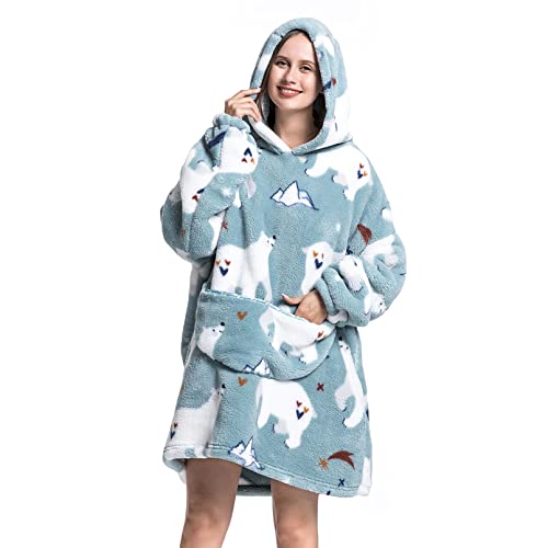 Moinlizy Adult Wearable Blanket Hoodie for Women and Men,Oversized Sherpa Sweatshirt Flannel Hooded Blanket Giant Pocket,Polar Bear