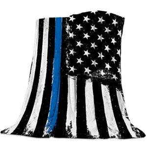 cozy warm lightweight throw blankets, soft reversible flannel fleece bed throw retro glory thin blue line american flag luxury fuzzy blankets for adults/girls/kids/boys/dogs/couch, 40"w x 50"l