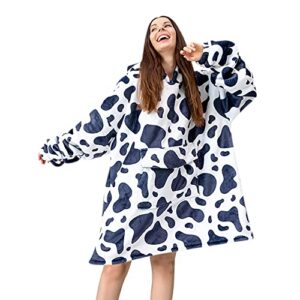 wearable blanket hoodie for adult women men,oversized sherpa sweatshirt wearable blanket with giant pocket,super warm soft flannel hooded blanket,cow print