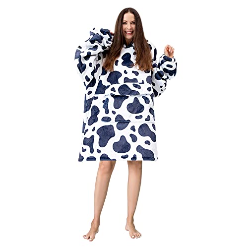 Wearable Blanket Hoodie for Adult Women Men,Oversized Sherpa Sweatshirt Wearable Blanket with Giant Pocket,Super Warm Soft Flannel Hooded Blanket,Cow Print