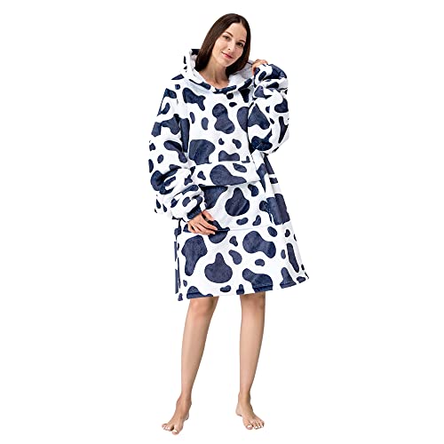 Wearable Blanket Hoodie for Adult Women Men,Oversized Sherpa Sweatshirt Wearable Blanket with Giant Pocket,Super Warm Soft Flannel Hooded Blanket,Cow Print