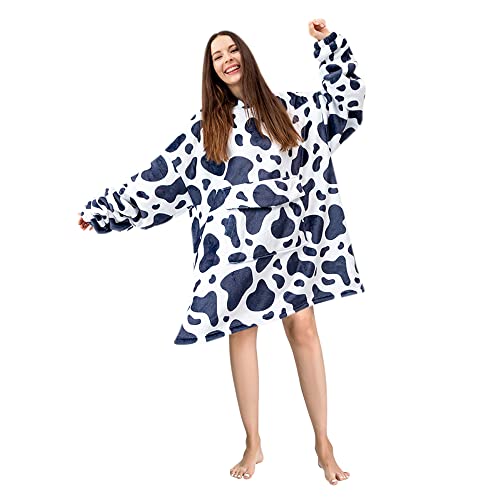 Wearable Blanket Hoodie for Adult Women Men,Oversized Sherpa Sweatshirt Wearable Blanket with Giant Pocket,Super Warm Soft Flannel Hooded Blanket,Cow Print