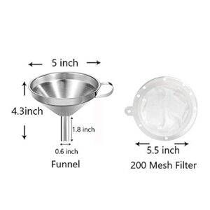 IAXSEE 5-Inch Funnel with Fine Mesh Strainer, 304 Stainless Steel Funnel with Extra Fine Mesh Strainer 200 Mesh Cooking Oil Filter Strainer ​for Juice Strainer Oil Strainer (Stainless Steel)