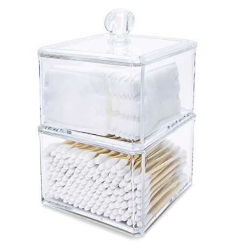 HAIJSEVR Square Stackable Organizer, Clear Acrylic Canister Set, Double Layer Storage Box, Cotton Ball Pad Swab Dispenser Holder, Make Up Pads Sponges, Hair Accessories Container