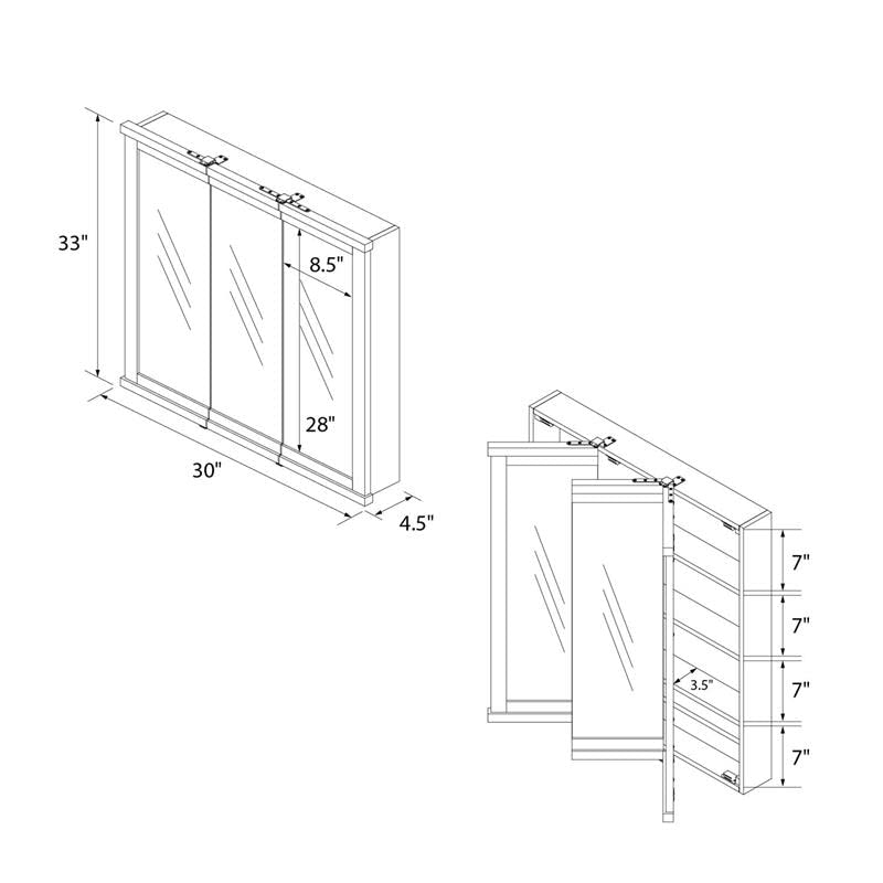 DHP Otum Bathroom 3 Door Mirrored Medicine Cabinet and Organizer, Surface Mount Wall Storage, White