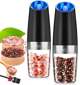 gravity electric salt and pepper grinder set, automatic pepper and salt mill grinder battery-operated with adjustable coarseness, led light, one hand operated by rongyuxuan