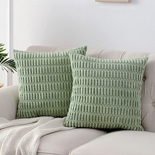 Fancy Homi 2 Packs Sage Green Decorative Throw Pillow Covers 18x18 Inch for Living Room Couch Bed Sofa, Soft Striped Corduroy Square Cushion Case 45x45 cm, Rustic Farmhouse Boho Home Decor