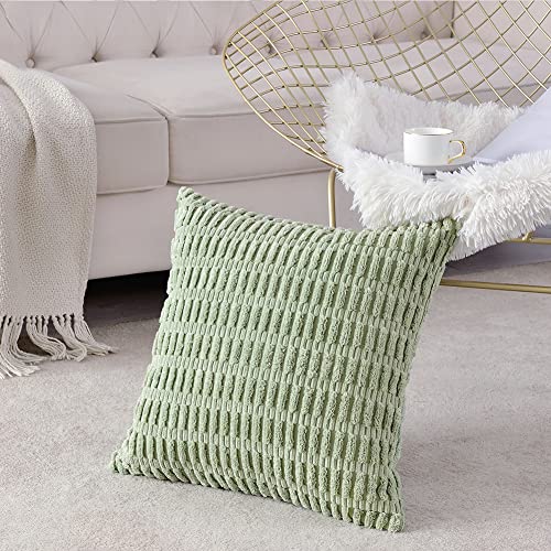 Fancy Homi 2 Packs Sage Green Decorative Throw Pillow Covers 18x18 Inch for Living Room Couch Bed Sofa, Soft Striped Corduroy Square Cushion Case 45x45 cm, Rustic Farmhouse Boho Home Decor