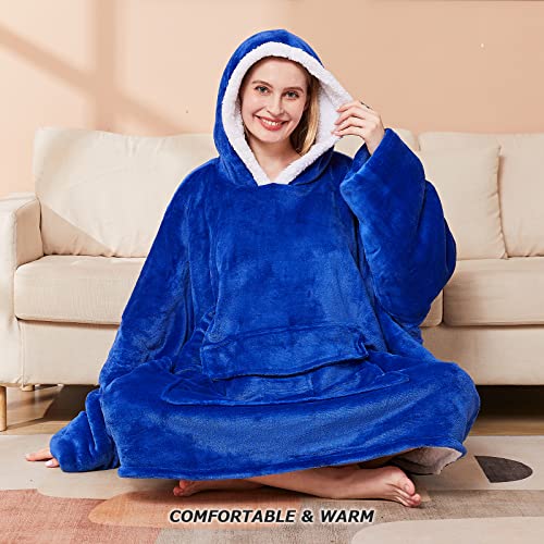 Wearable Blanket Hoodie, Oversized Sherpa Blanket Hoodie Sweatshirt for Women Men Adults Kids, Super Warm (Navy, ONE SIZE FITS ALL)