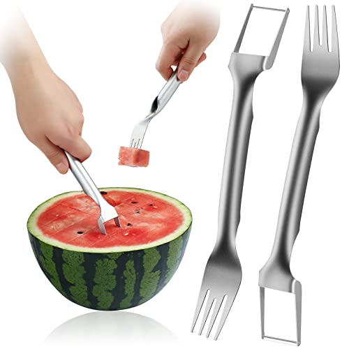 2 Pack Watermelon Fork Slicer Cutter, 2-in-1 Summer Watermelon Fruit Cutter, Portable Stainless steel Watermelon Slicer, Fruit Salad Knife Fork Carving Tool Kitchen Gadgets for Family Parties Camping