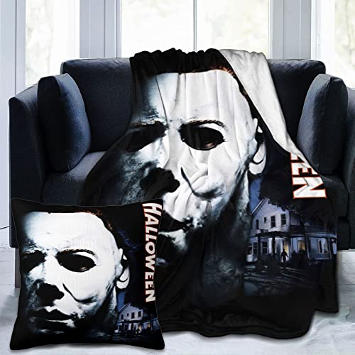 2PCS Horror Movie Watching Halloween Michael Myers Throw Blanket Scary Movie Scream for Couch Sofa or Bed 50inch*60inch Pillow Covers 18 * 18inch