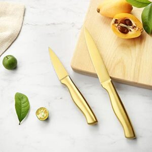 Knife Set-Marco Almond® MA21 Luxury Golden Kitchen Knife Set, Titanium Coated 14 Pieces Stainless Steel Hollow Handle Gold Kitchen Knife Set with Block by White Wash Finish Wood