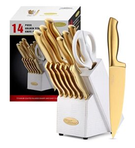 knife set-marco almond® ma21 luxury golden kitchen knife set, titanium coated 14 pieces stainless steel hollow handle gold kitchen knife set with block by white wash finish wood