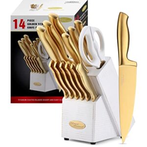 Knife Set-Marco Almond® MA21 Luxury Golden Kitchen Knife Set, Titanium Coated 14 Pieces Stainless Steel Hollow Handle Gold Kitchen Knife Set with Block by White Wash Finish Wood