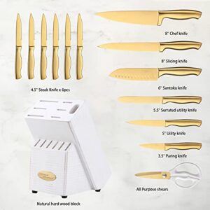 Knife Set-Marco Almond® MA21 Luxury Golden Kitchen Knife Set, Titanium Coated 14 Pieces Stainless Steel Hollow Handle Gold Kitchen Knife Set with Block by White Wash Finish Wood