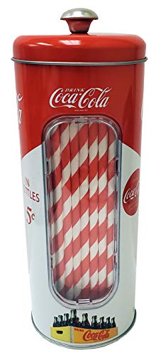 The Tin Box Company Coke Holder Tin with 20 Paper Straws Inside, 3-3/8 x 8-1/4"H, Red and White