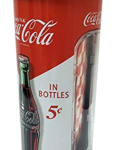 The Tin Box Company Coke Holder Tin with 20 Paper Straws Inside, 3-3/8 x 8-1/4"H, Red and White